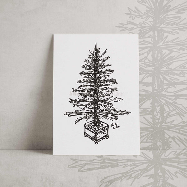 Scruffy Christmas tree print - black & white wall art - line drawing ...