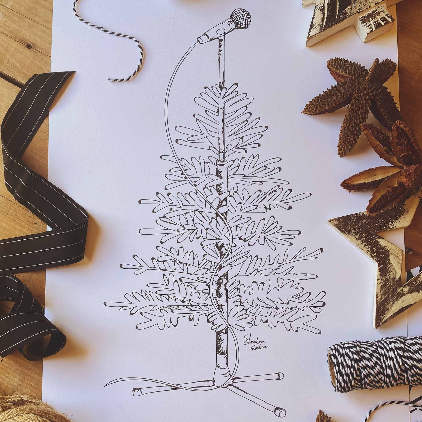 Musical microphone Christmas tree print - black & white wall art - line ...
